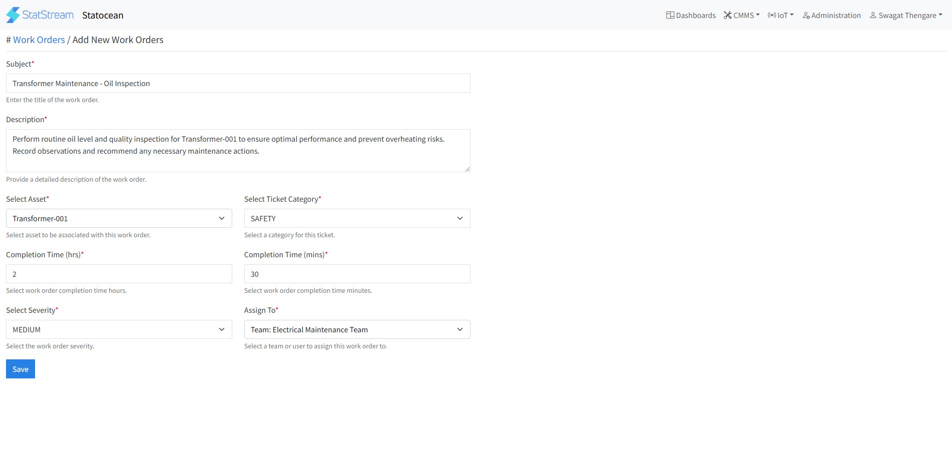 Create New Work Order | StatStream.ai